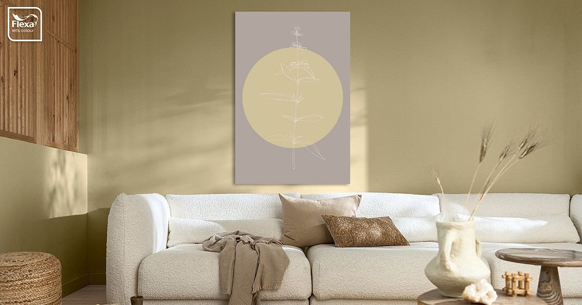 Japandi. Boho botanische basilicum bloem in goud en taupe nr. 5 van Dina Dankers op canvas ...